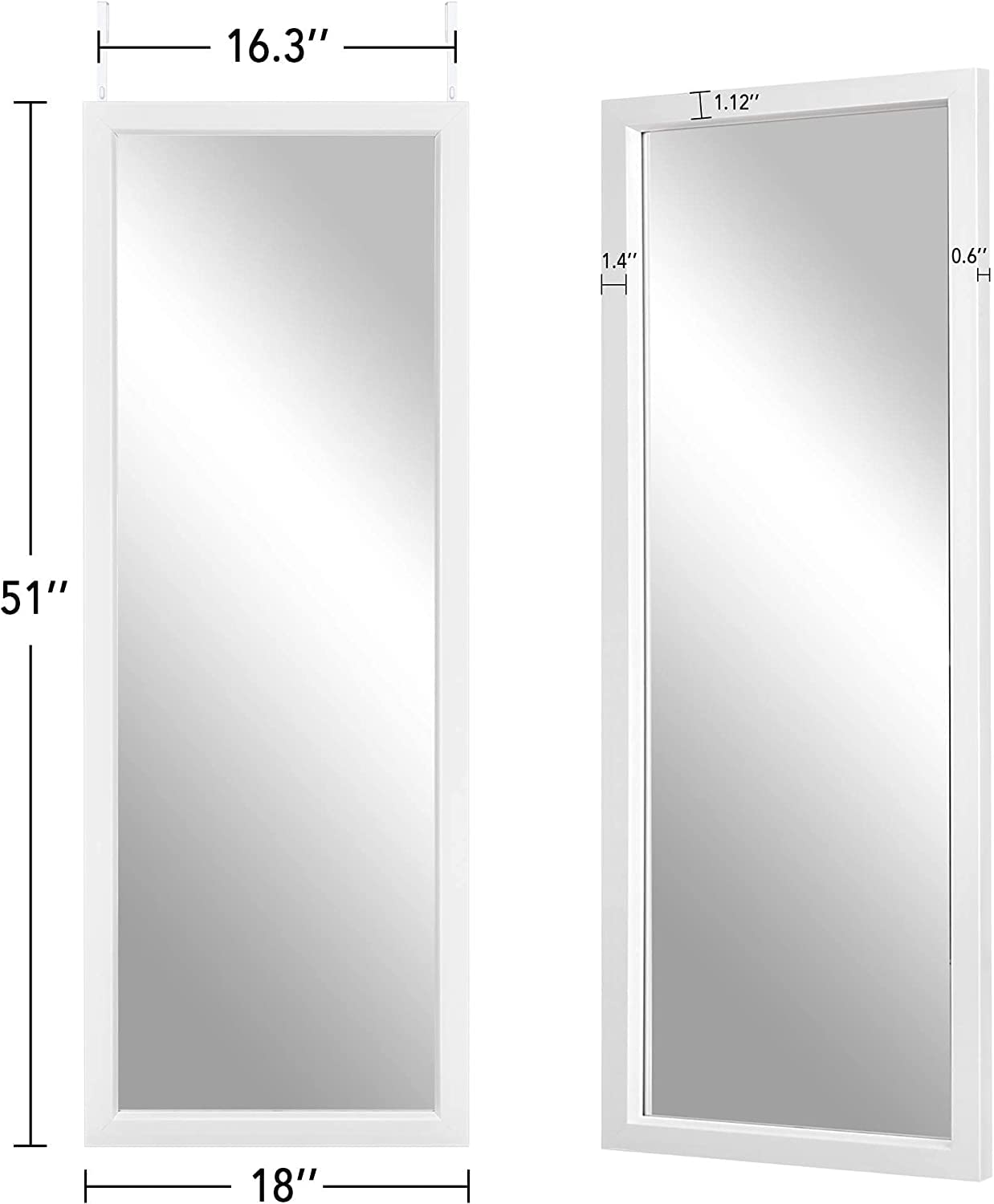 PexFix Door Mirror Full Length 51"x18" Over The Door Rectangle Sleek White Frame Space Saving Floor Mirror Dressing Hanging Wall Mounted Mirror (US-MHJ002-WH+USAM019)