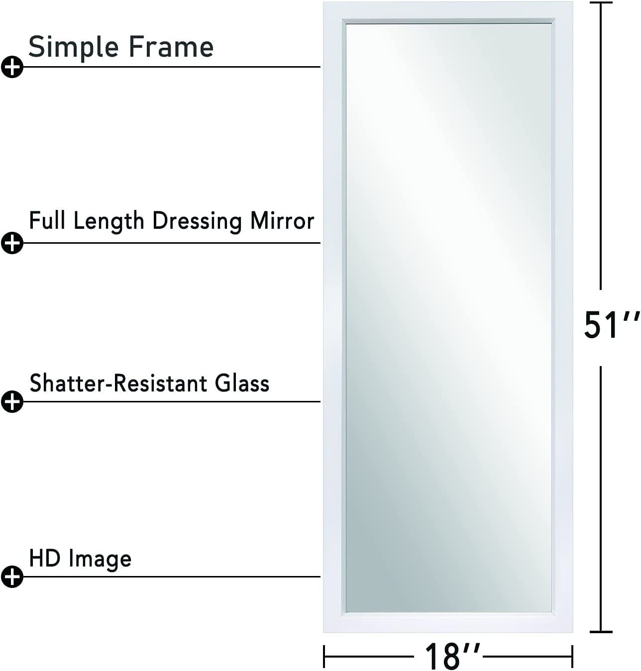 PexFix Door Mirror Full Length 51"x18" Over The Door Rectangle Sleek White Frame Space Saving Floor Mirror Dressing Hanging Wall Mounted Mirror (US-MHJ002-WH+USAM019)