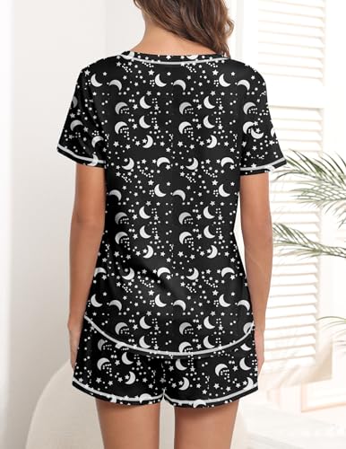 Ekouaer Women's Pajamas Sets Short Sleeve Lounge Sets Sleepwear Casual Two Piece Pjs With Pockets Black Moon Star XL