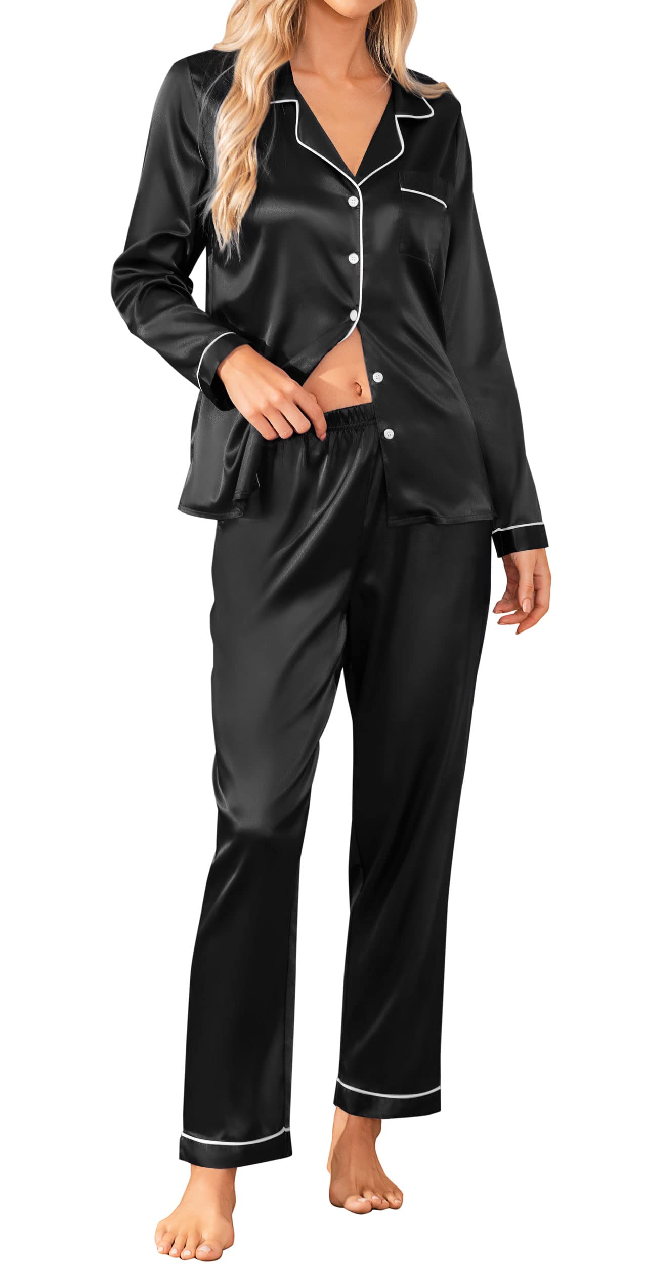 Womens Silk Satin Pajamas Loungewear Two-piece Sleepwear Button-Down Pj Set Black,Large
