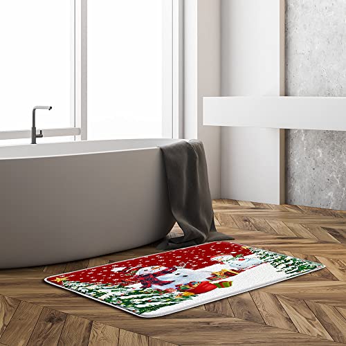 HHKJKJ Christmas Tree Snowman Bath Mat Snowflakes Red Winter Merry Christmas Holiday Home Bathroom Bedroom Kitchen Rug Soft Memory Foam Backing 18x30 Inch
