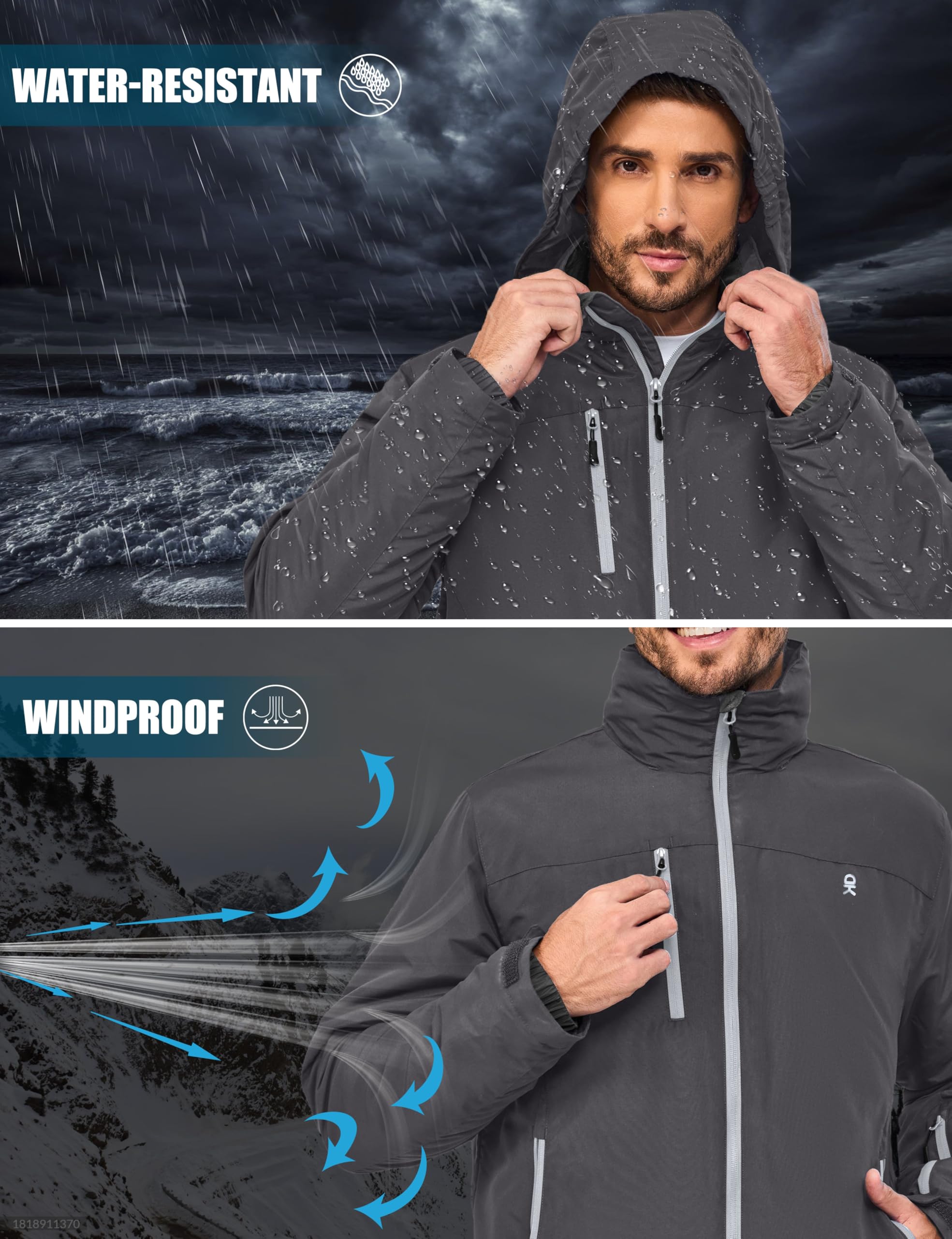 Little Donkey Andy Men's Lightweight Winter Jacket Hooded Windproof Warm Insulated Jacket for Ski Hiking (Grey XL)
