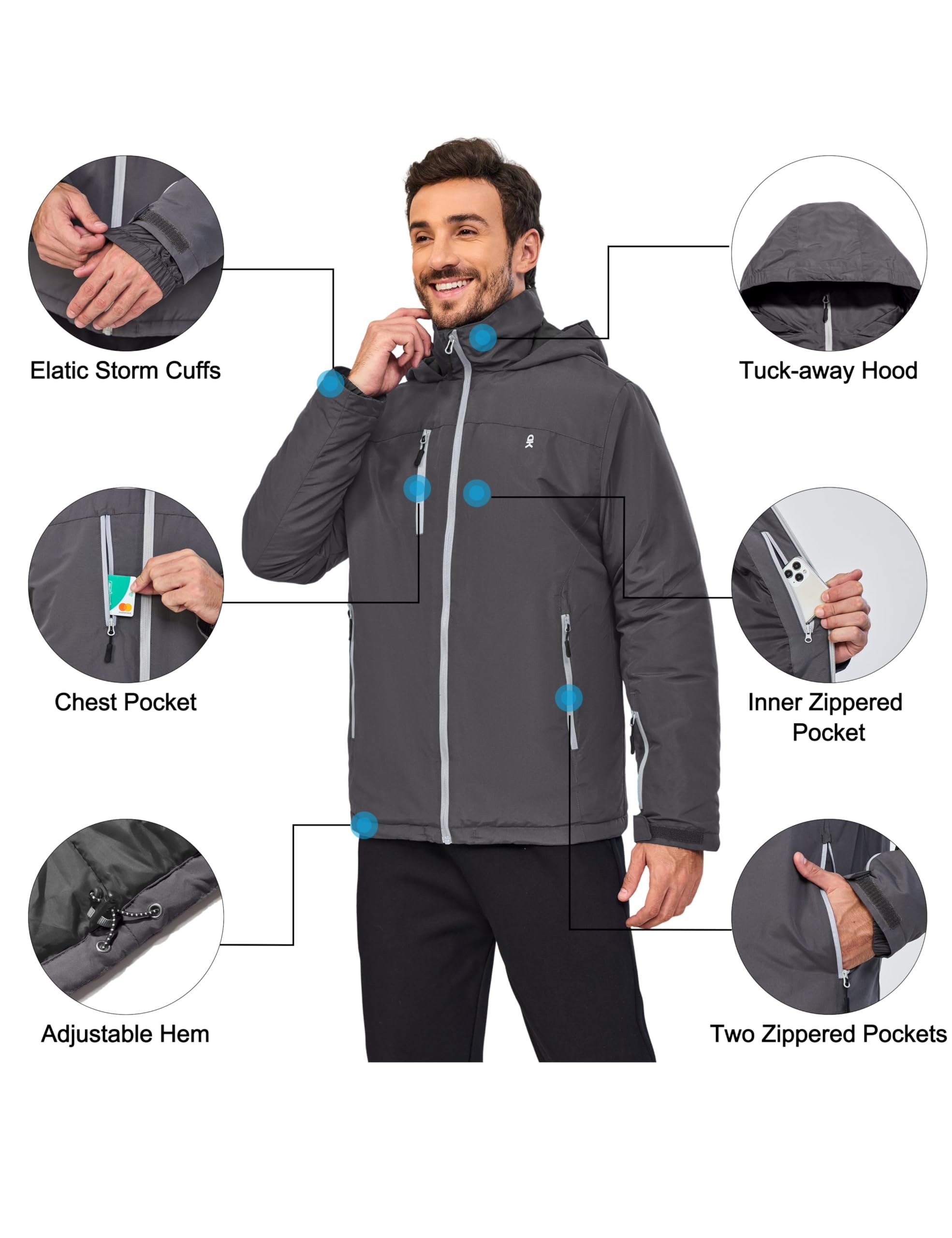 Little Donkey Andy Men's Lightweight Winter Jacket Hooded Windproof Warm Insulated Jacket for Ski Hiking (Grey XL)