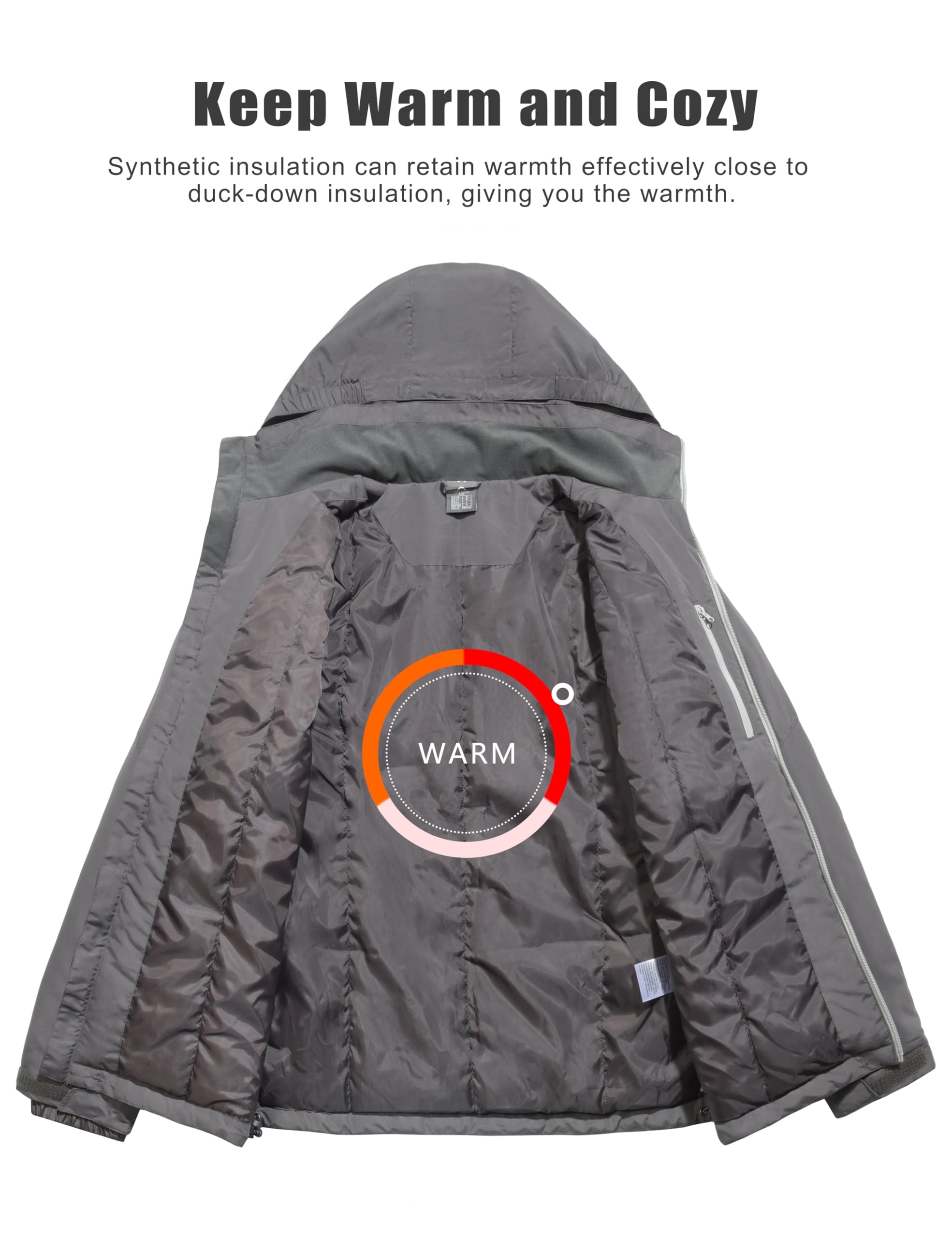 Little Donkey Andy Men's Lightweight Winter Jacket Hooded Windproof Warm Insulated Jacket for Ski Hiking (Grey XL)