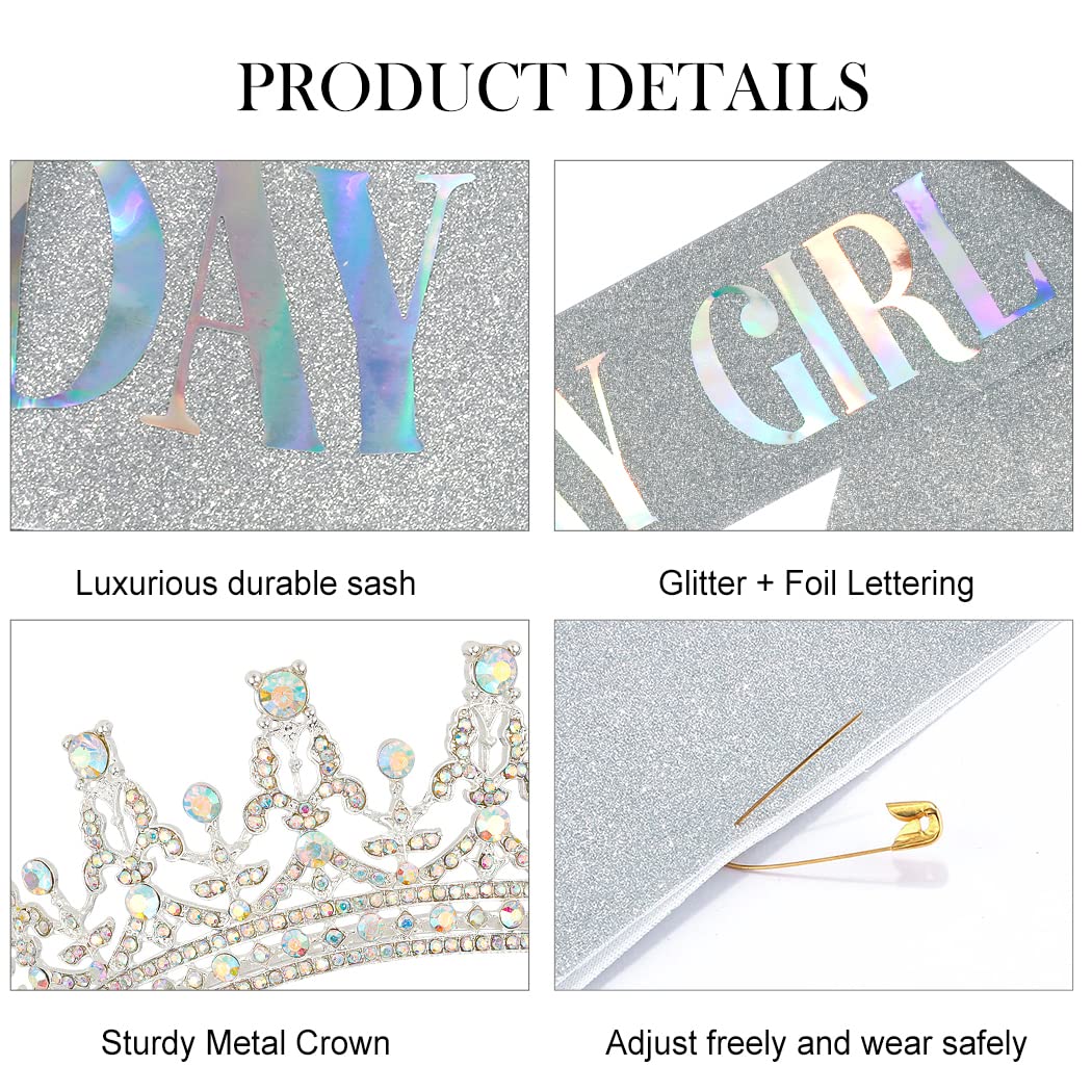 CURASA Silver Crystal Crown & Birthday Girl Sash Kit