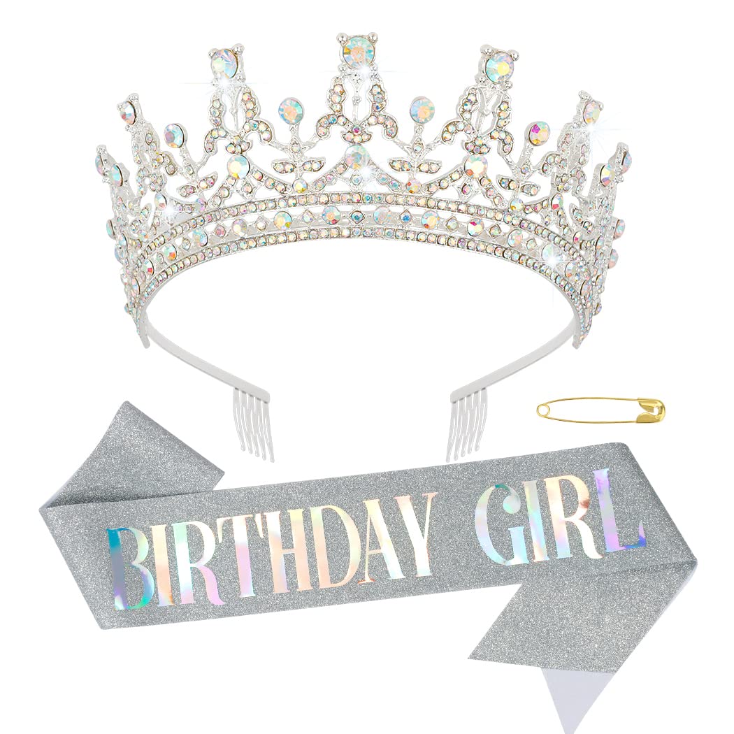 CURASA Silver Crystal Crown & Birthday Girl Sash Kit