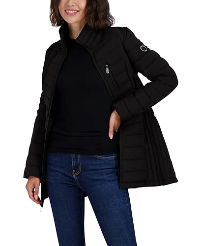 Nautica Women's 3/4 Midweight Stretch Puffer Jacket with Hood, Black, X-Small
