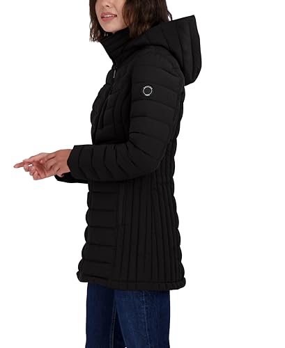 Nautica Women's 3/4 Midweight Stretch Puffer Jacket with Hood, Black, X-Small