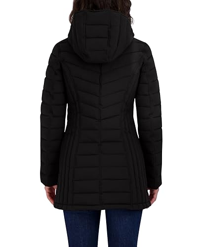 Nautica Women's 3/4 Midweight Stretch Puffer Jacket with Hood, Black, X-Small