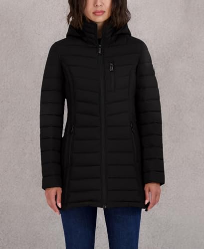 Nautica Women's 3/4 Midweight Stretch Puffer Jacket with Hood, Black, X-Small
