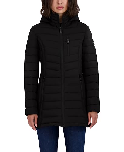 Nautica Women's 3/4 Midweight Stretch Puffer Jacket with Hood, Black, X-Small