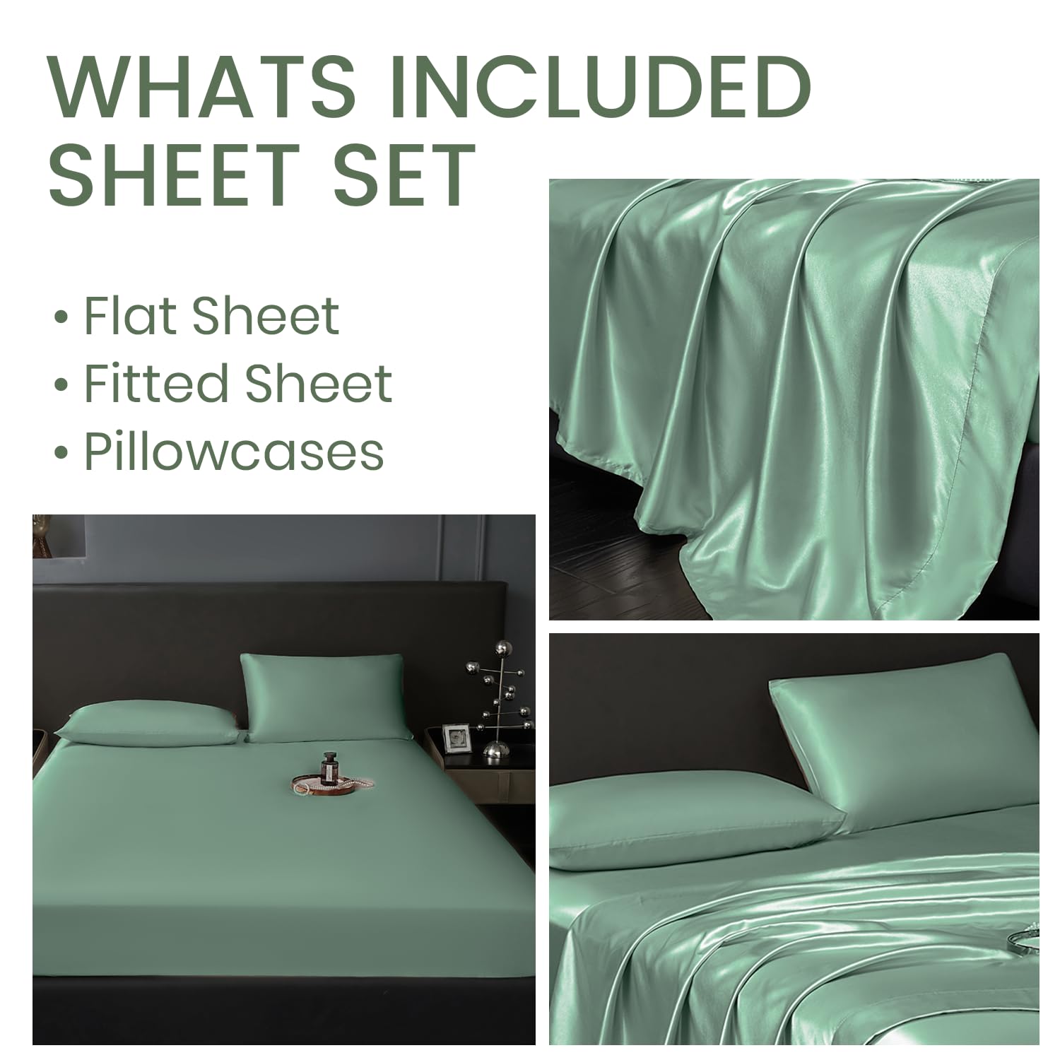 Revdomfly 4 Pcs Full Size Luxury Silky Soft Grass Green Satin Sheet Set,1 Premium Moisture Wicking Fitted Sheet Fits Up to 16 Inches Deep Pocket + 1 Flat Sheet + 2 Pillowcases(Grass Geen, Full)