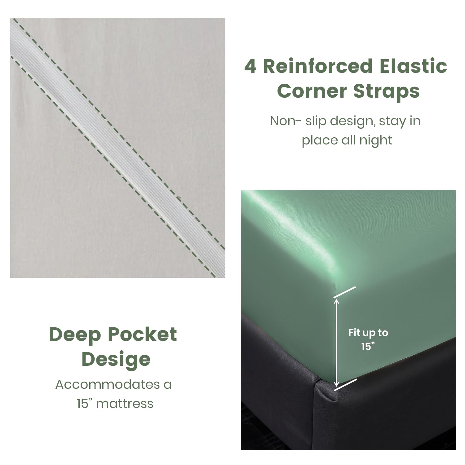 Revdomfly 4 Pcs Full Size Luxury Silky Soft Grass Green Satin Sheet Set,1 Premium Moisture Wicking Fitted Sheet Fits Up to 16 Inches Deep Pocket + 1 Flat Sheet + 2 Pillowcases(Grass Geen, Full)