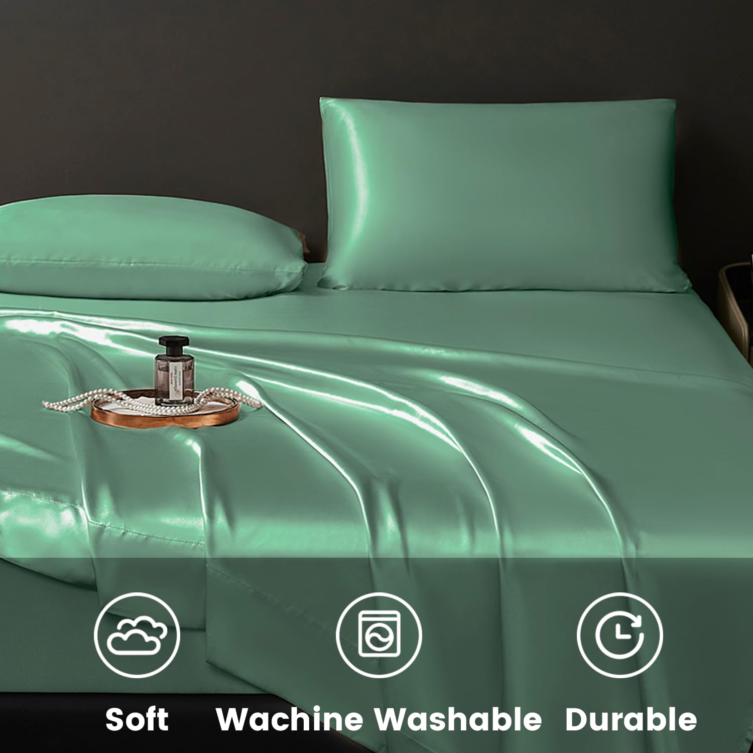 Revdomfly 4 Pcs Full Size Luxury Silky Soft Grass Green Satin Sheet Set,1 Premium Moisture Wicking Fitted Sheet Fits Up to 16 Inches Deep Pocket + 1 Flat Sheet + 2 Pillowcases(Grass Geen, Full)