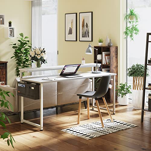 ODK Computer Desk with Adjustable Monitor Shelves, 63 inch Home Office Desk with Monitor Stand, Writing Desk, Study Workstation with 3 Heights (10cm, 13cm, 16cm), White + White Leg
