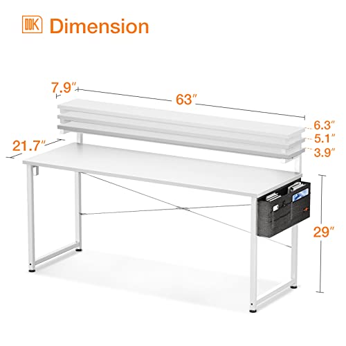 ODK Computer Desk with Adjustable Monitor Shelves, 63 inch Home Office Desk with Monitor Stand, Writing Desk, Study Workstation with 3 Heights (10cm, 13cm, 16cm), White + White Leg