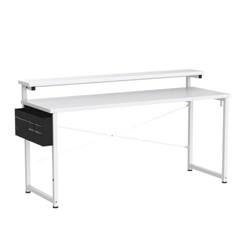 ODK Computer Desk with Adjustable Monitor Shelves, 63 inch Home Office Desk with Monitor Stand, Writing Desk, Study Workstation with 3 Heights (10cm, 13cm, 16cm), White + White Leg