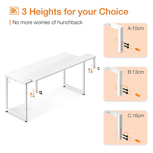 ODK Computer Desk with Adjustable Monitor Shelves, 63 inch Home Office Desk with Monitor Stand, Writing Desk, Study Workstation with 3 Heights (10cm, 13cm, 16cm), White + White Leg