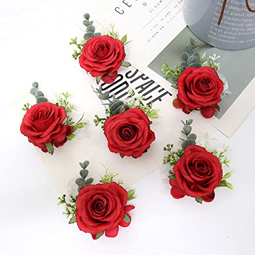 Set of 6 Rose Corsage Wristlet Artificial Flowers Wrist Corsage Bride Bridesmaid Hand Flowers for Wedding Shower Party Prom Decorations