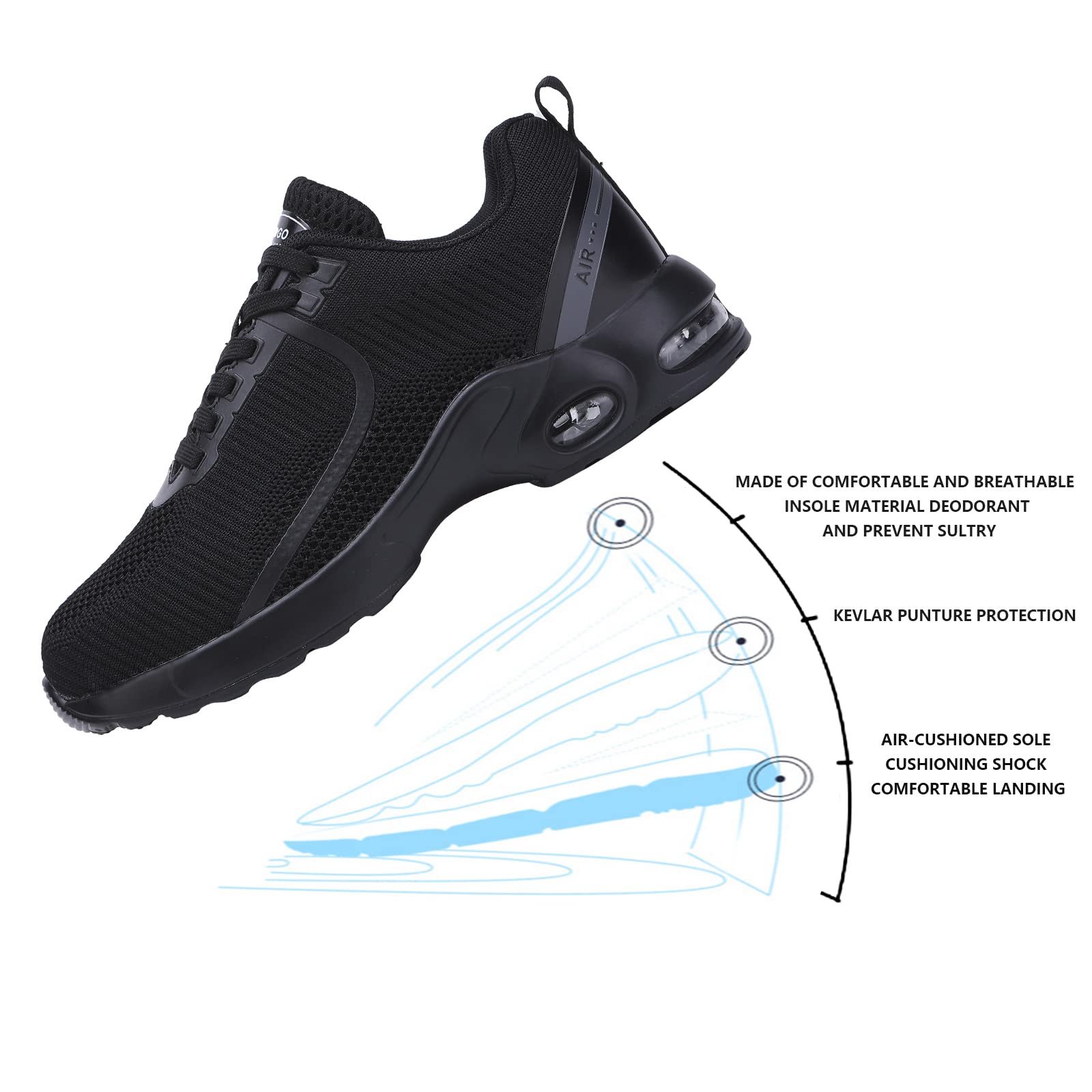 LIANGGO Steel Toe Shoes for Women Safety Work Sneakers Lightweight Comfortable Slip Resistant Shoes Black 38.5