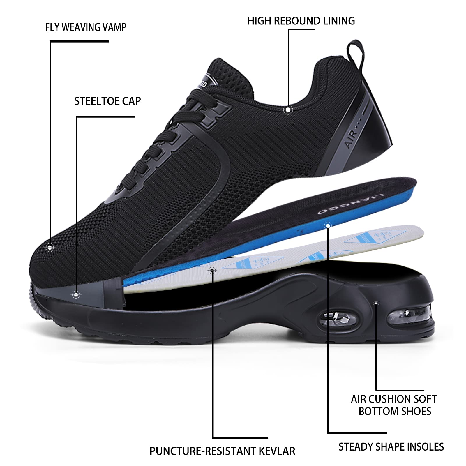 LIANGGO Steel Toe Shoes for Women Safety Work Sneakers Lightweight Comfortable Slip Resistant Shoes Black 38.5