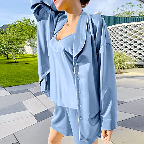 Womens Pajama Sets Silk Satin 3 Piece Sleepwear Cami Shorts and Long Sleeve Top Set Soft Comfy Loungewear, 3-blue-imitation Silk-3pcs