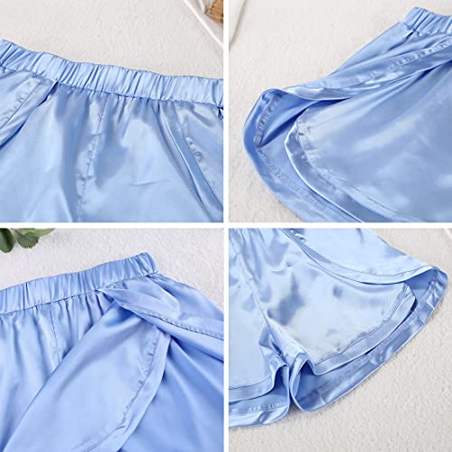 Womens Pajama Sets Silk Satin 3 Piece Sleepwear Cami Shorts and Long Sleeve Top Set Soft Comfy Loungewear, 3-blue-imitation Silk-3pcs