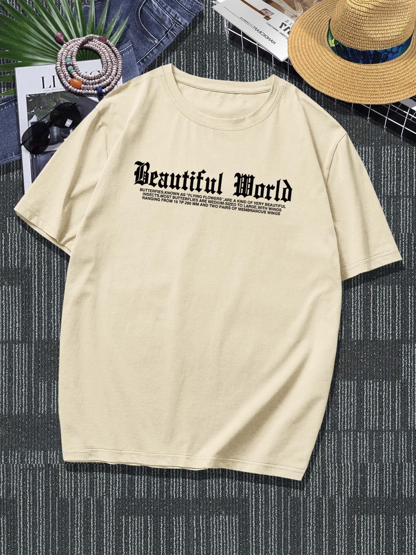 GORGLITTER Men's Graphic Print Short Sleeve T Shirt Round Neck Casual Tee Top Khaki Large