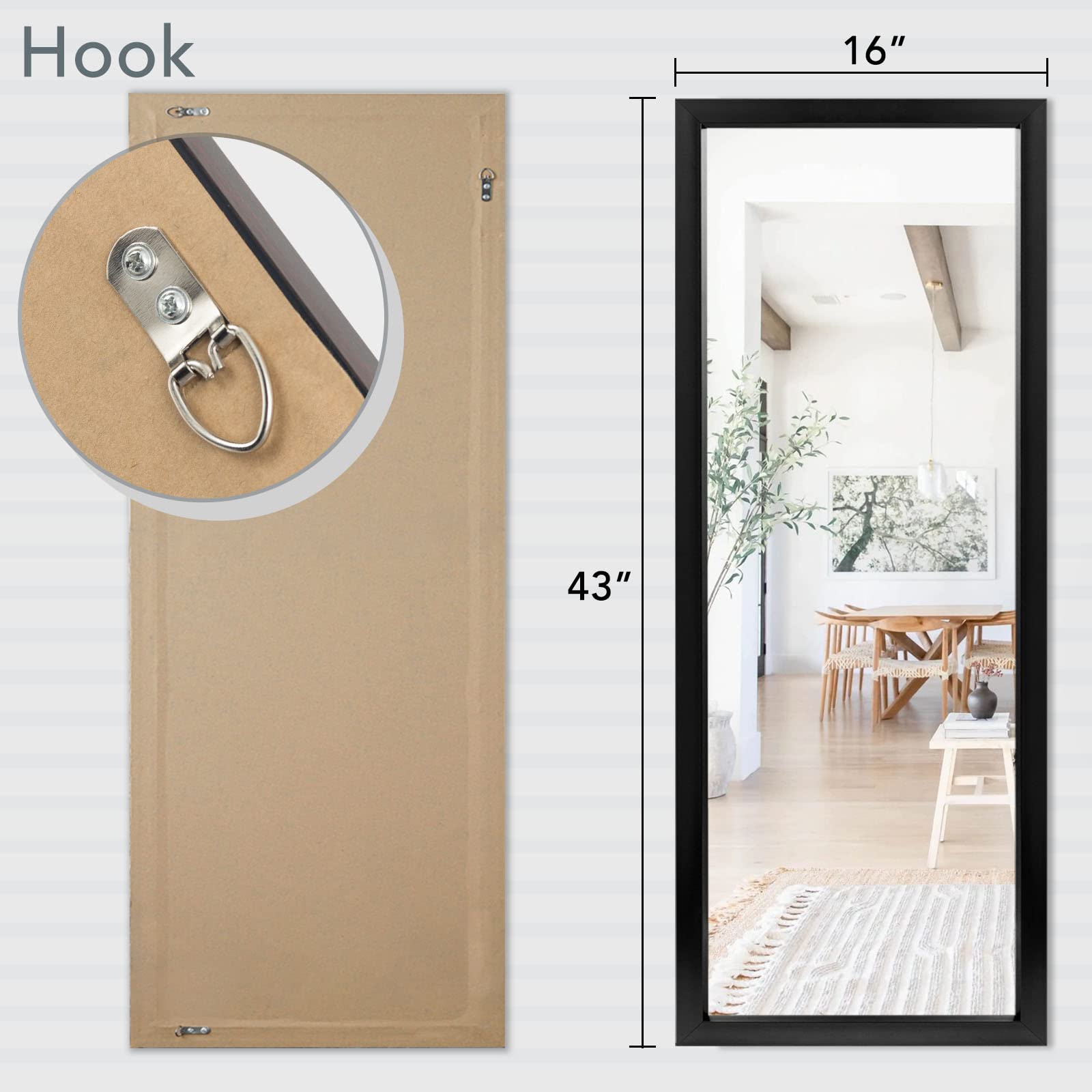 PexFix Full Body Mirror 43"x16" Large Mirror Rectangle Mirror Full Length Hanging or Leaning Against Wall Mirror for Bedroom and Bathroom,Black(No Stand) (JJ01002AAF+USAM019)