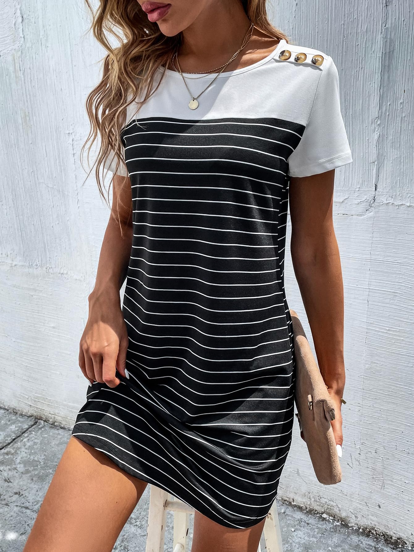 SOLY HUX Women's Striped Short Sleeve Tshirt Dresses Colorblock Button Summer Dress Black and White