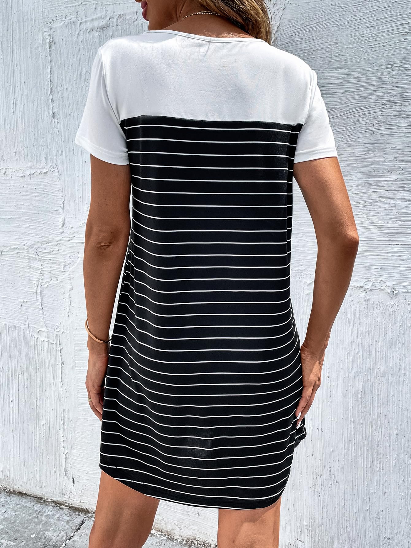 SOLY HUX Women's Striped Short Sleeve Tshirt Dresses Colorblock Button Summer Dress Black and White