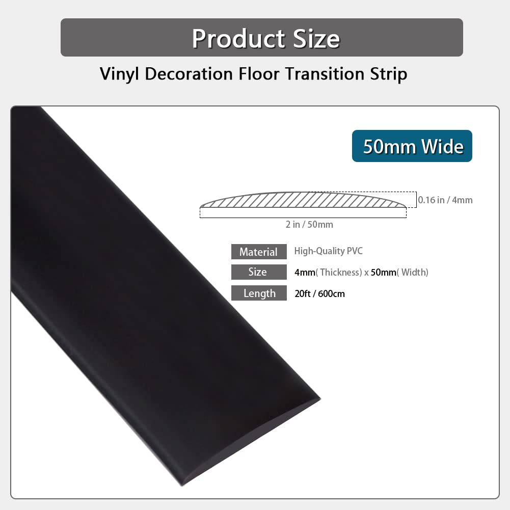 Floor Transition Strip 2" Self Adhesive Flat Vinyl Flooring Transitions Strip with Strong Backing (5cm, 20FT, Black)