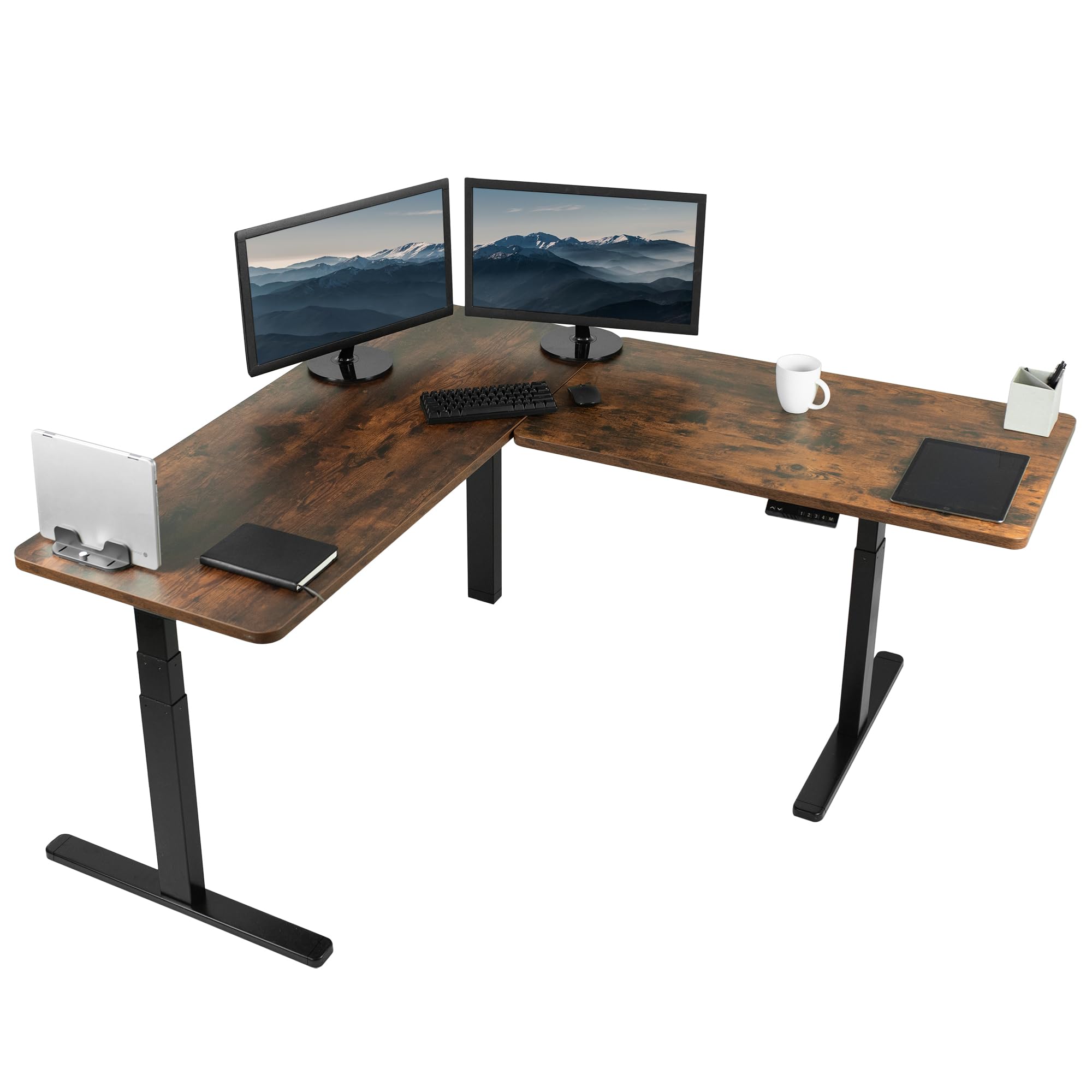 VIVO Electric Height Adjustable 67 x 60 inch Corner Stand Up Desk, 2 Rustic Vintage Brown Solid Table Tops, Black Frame, Memory Controller, L-Shaped Workstation, 3E Series, DESK-KIT-3E6N