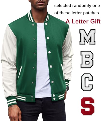 COOFANDY Men's Varsity Jacket Leather Sleeves Letterman Baseball Bomber Jackets Winter Green Medium