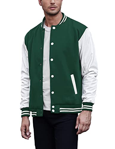 COOFANDY Men's Varsity Jacket Leather Sleeves Letterman Baseball Bomber Jackets Winter Green Medium