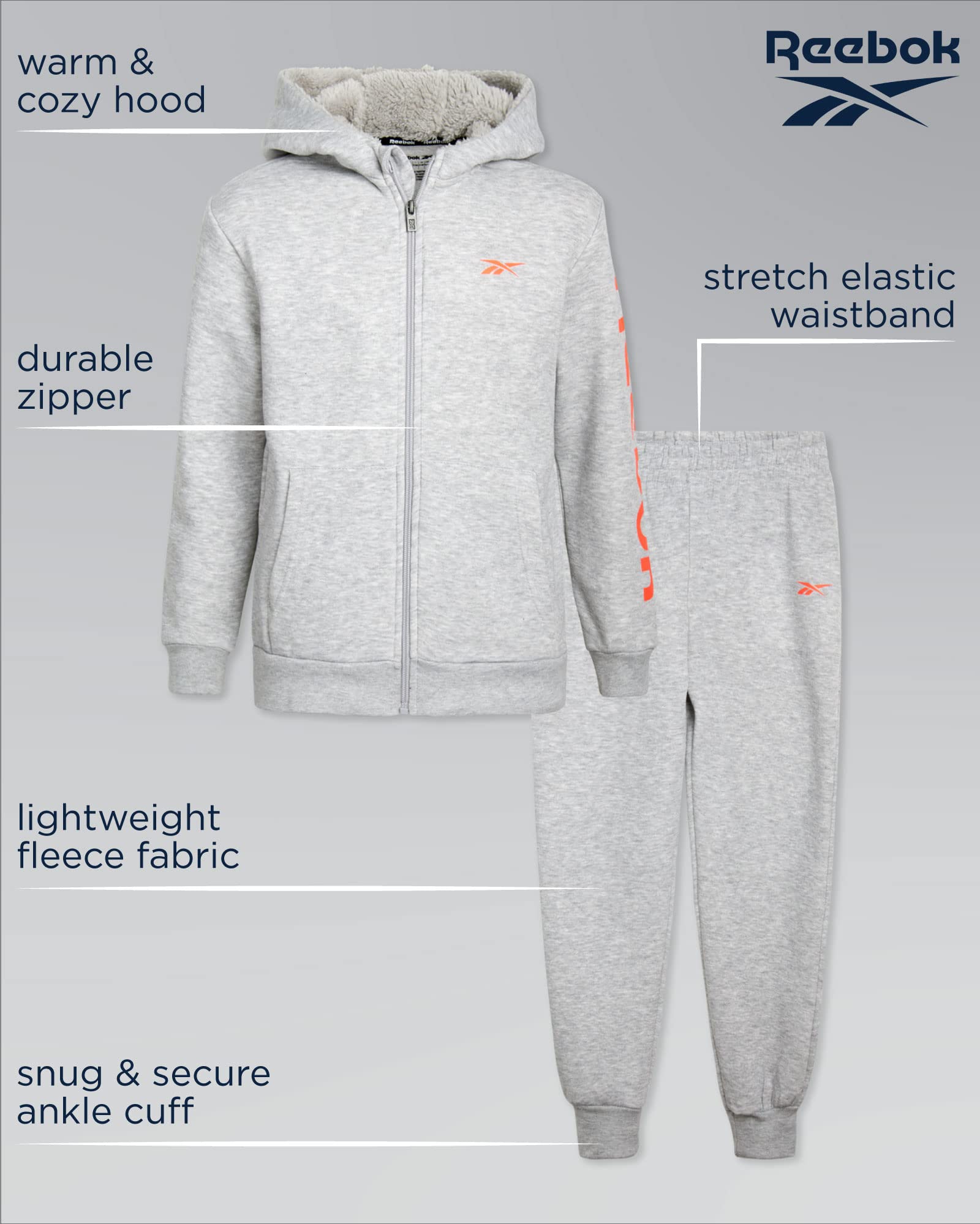 Reebok Boys' Sweatsuit Set - 2 Piece Fleece Hoodie Sweatshirt and Jogger Sweatpants (4-7), Size 5, Dark Grey Heather