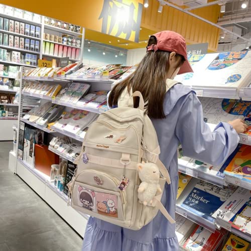 HIQUAY Kawaii Backpack for Girls with Bear Pendant and Cute Pins Backpack for Teens Girls for High School Casual Daypack - Beige