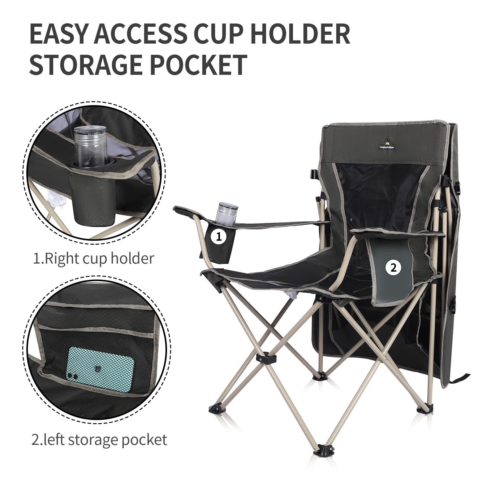 Camping Brothers Camping Chair with Full Sun Protection Canopy - Outdoor Folding Patio Chair with Adjustable Shade, Cup Holder, Side Pockets - Heavy Duty Steel Frame Supports 330 lbs (Army Green)