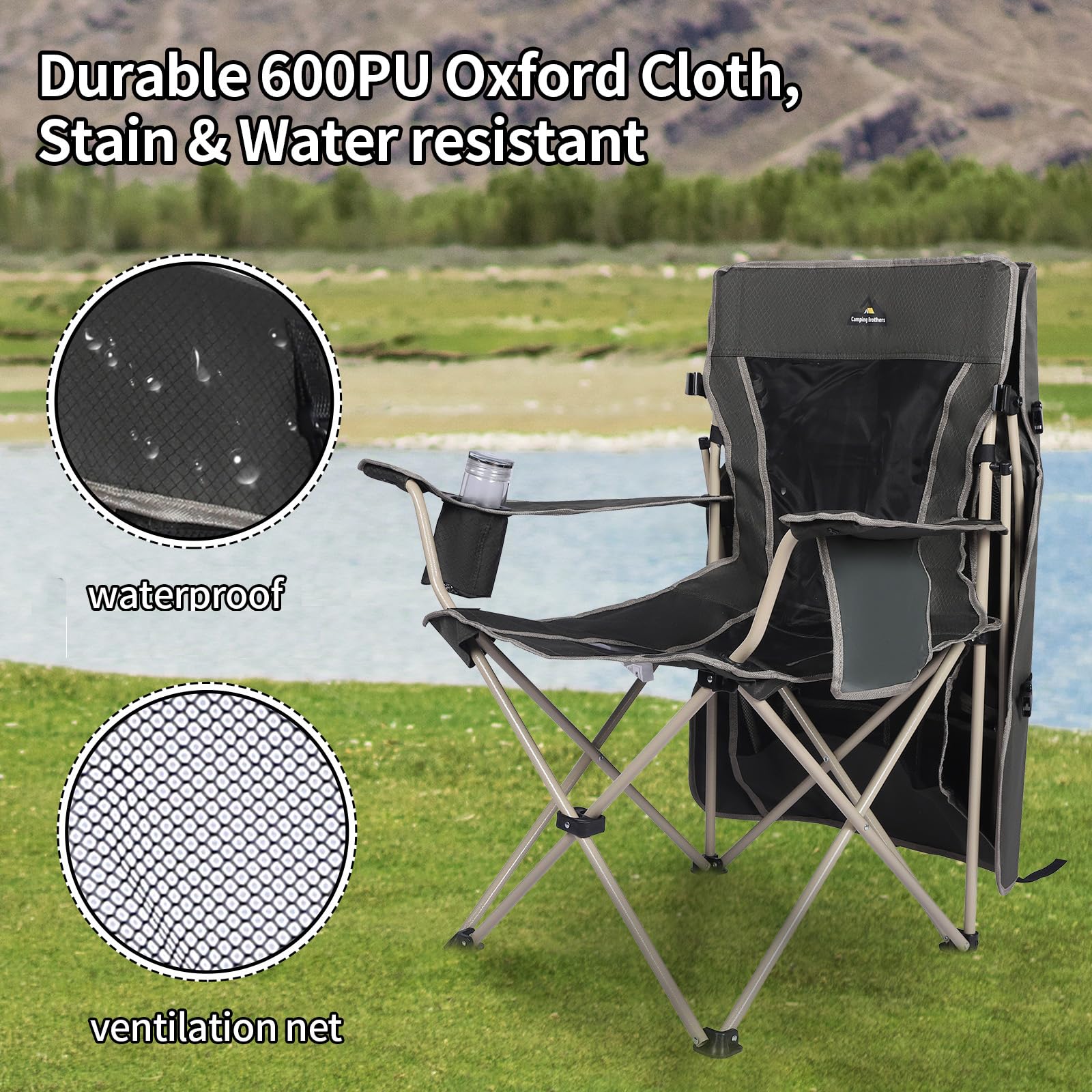 Camping Brothers Camping Chair with Full Sun Protection Canopy - Outdoor Folding Patio Chair with Adjustable Shade, Cup Holder, Side Pockets - Heavy Duty Steel Frame Supports 330 lbs (Army Green)