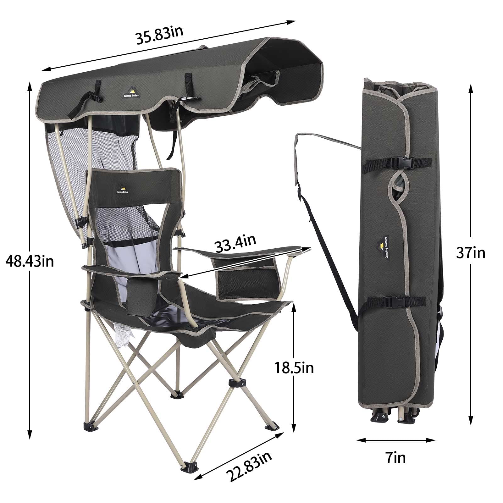 Camping Brothers Camping Chair with Full Sun Protection Canopy - Outdoor Folding Patio Chair with Adjustable Shade, Cup Holder, Side Pockets - Heavy Duty Steel Frame Supports 330 lbs (Army Green)