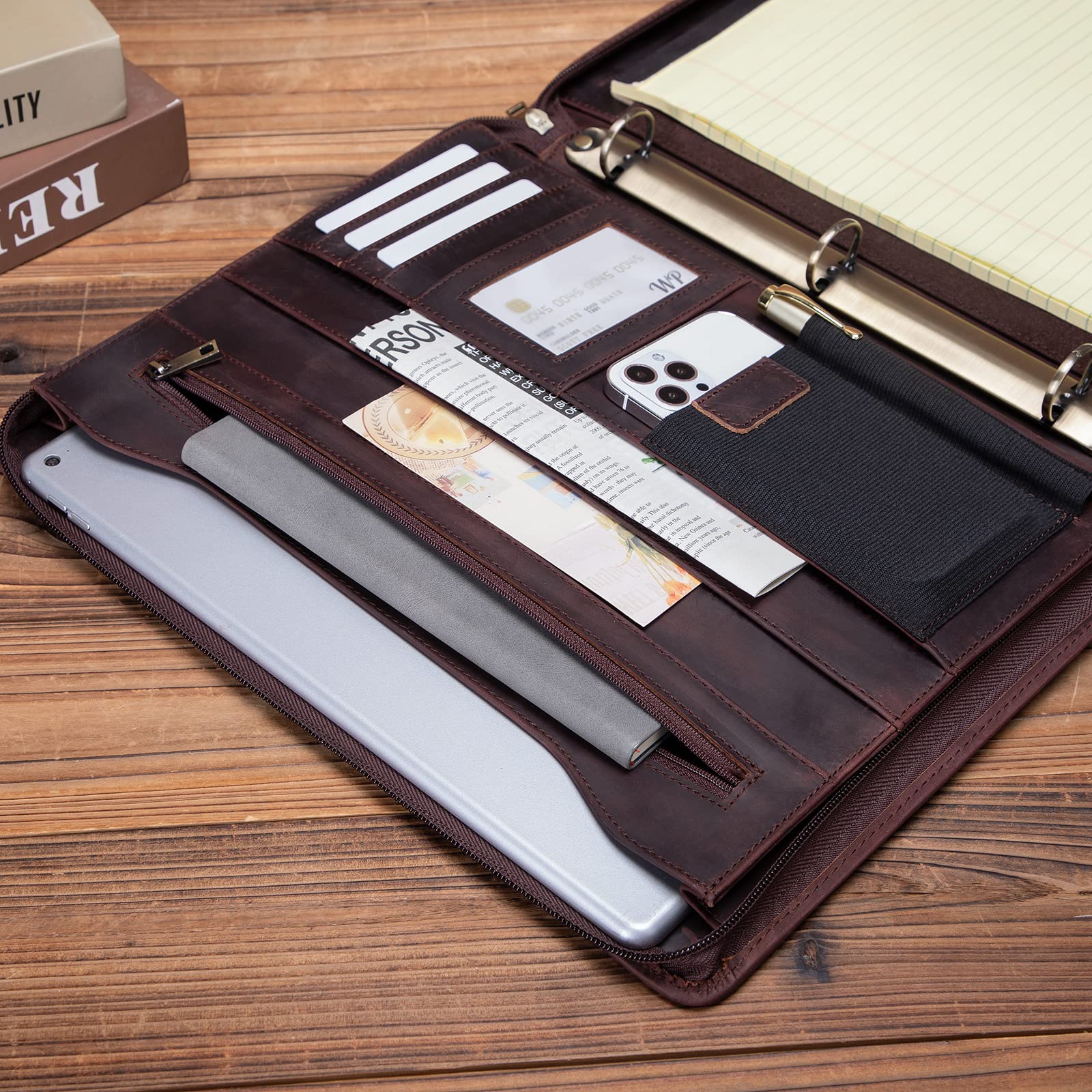 Geslun Genuine Leather Portfolio with 3 Ring Binder, Full Grain Leather Padfolio Zippered, A4 Notebook Holder Laptop Sleeve Professional Folder Organizer Gift for Men and Women, Dark Brown