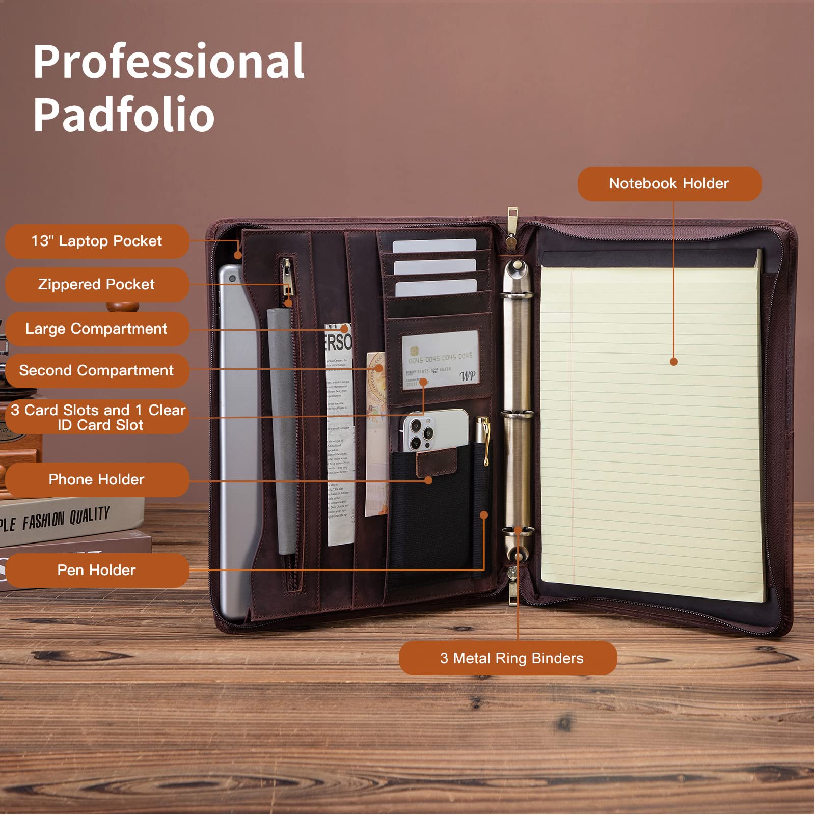Geslun Genuine Leather Portfolio with 3 Ring Binder, Full Grain Leather Padfolio Zippered, A4 Notebook Holder Laptop Sleeve Professional Folder Organizer Gift for Men and Women, Dark Brown
