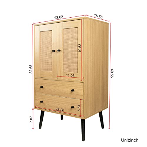 Hcman Sideboard Buffet Cabinet with Storage, Rattan Cabinet with Wooden Legs & 2 Drawers for Entryway, Living Room, Kitchen, Dining Room