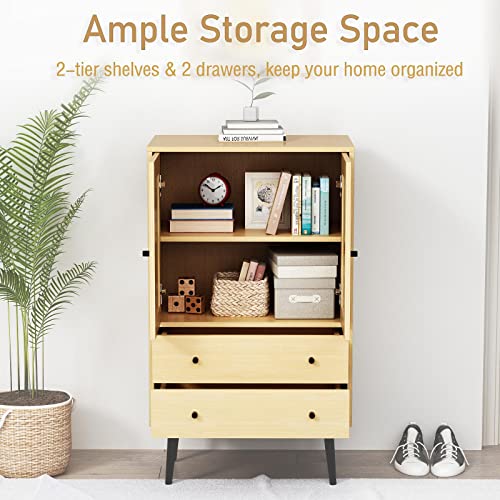 Hcman Sideboard Buffet Cabinet with Storage, Rattan Cabinet with Wooden Legs & 2 Drawers for Entryway, Living Room, Kitchen, Dining Room