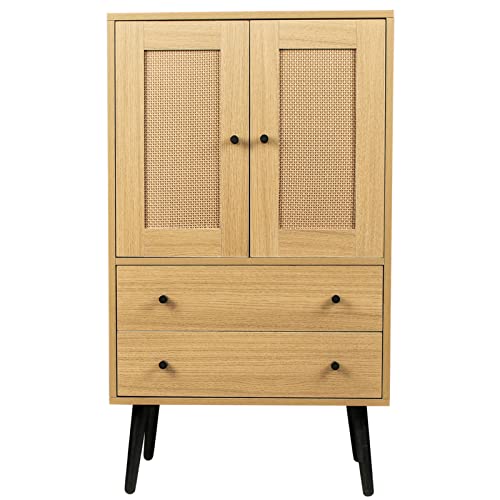 Hcman Sideboard Buffet Cabinet with Storage, Rattan Cabinet with Wooden Legs & 2 Drawers for Entryway, Living Room, Kitchen, Dining Room