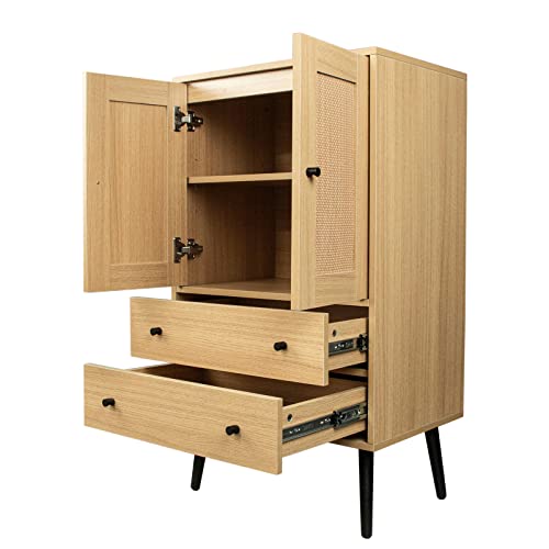 Hcman Sideboard Buffet Cabinet with Storage, Rattan Cabinet with Wooden Legs & 2 Drawers for Entryway, Living Room, Kitchen, Dining Room
