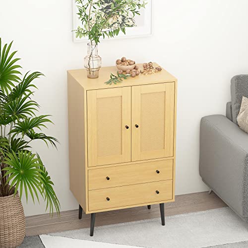 Hcman Sideboard Buffet Cabinet with Storage, Rattan Cabinet with Wooden Legs & 2 Drawers for Entryway, Living Room, Kitchen, Dining Room