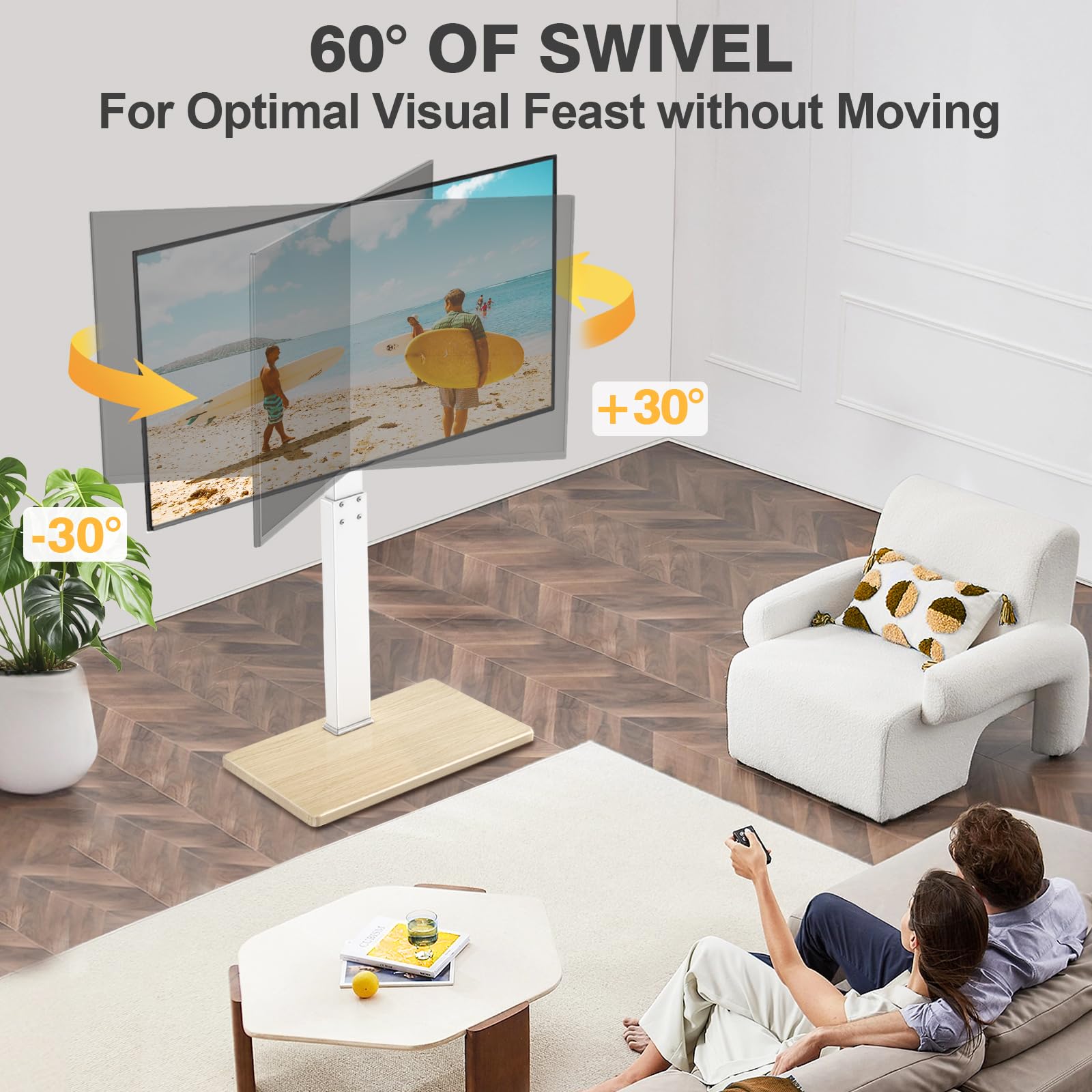 TV Floor Stand for 32-75 Inch Plasma LCD LED OLED Flat Panel or Curved Screen TVs, Swivel TV Stand Mount with Height Adjustment and Sturdy Wood Base, White