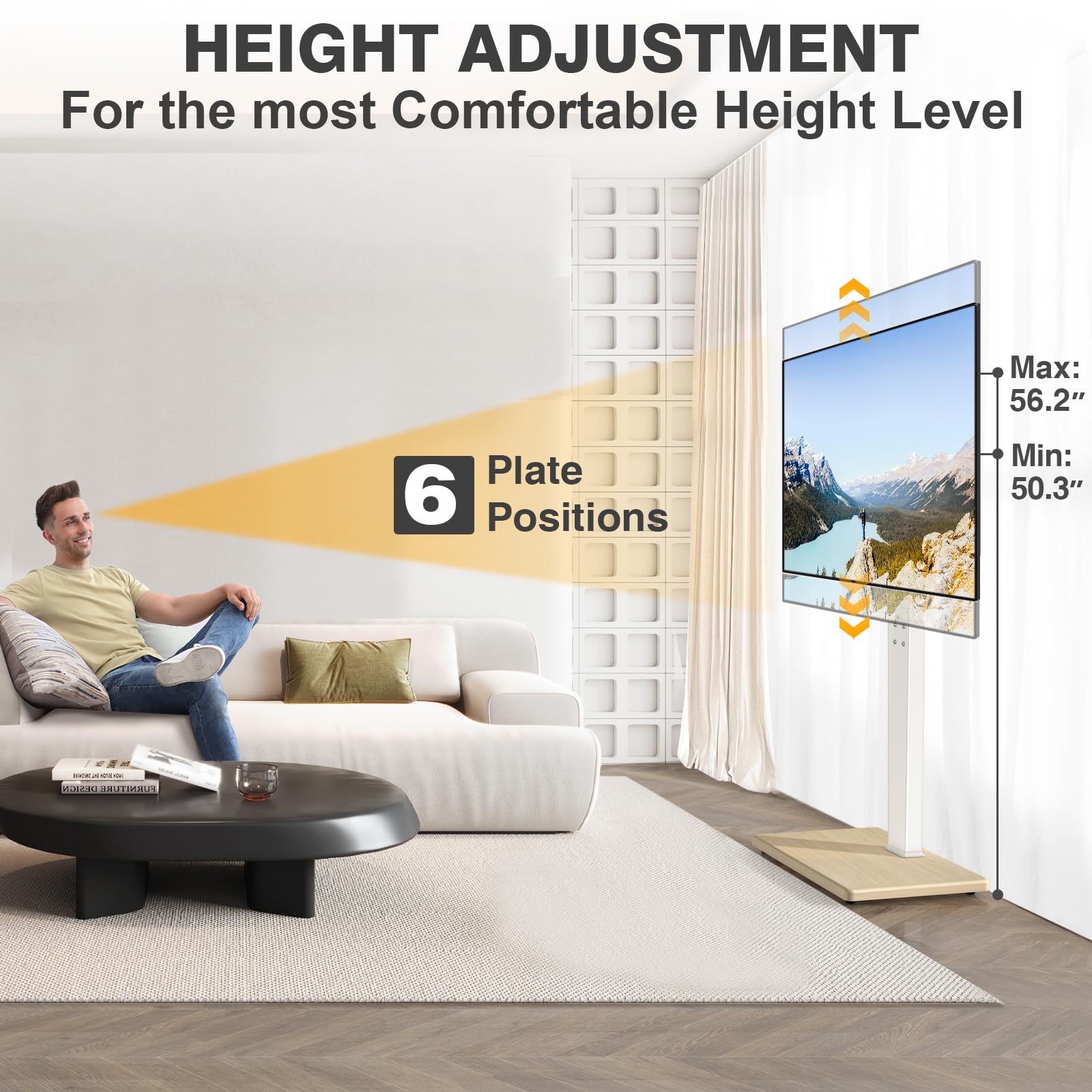 TV Floor Stand for 32-75 Inch Plasma LCD LED OLED Flat Panel or Curved Screen TVs, Swivel TV Stand Mount with Height Adjustment and Sturdy Wood Base, White
