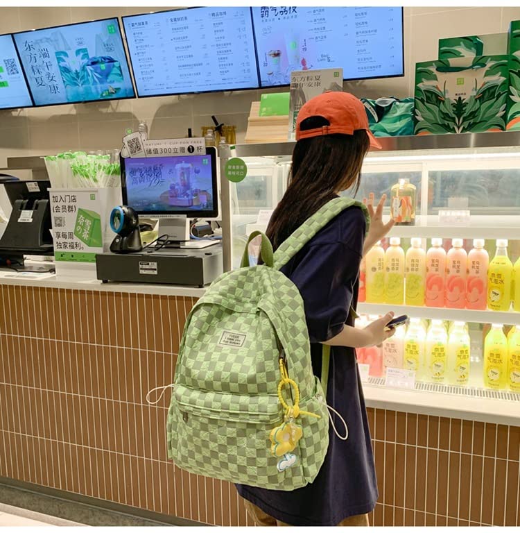 Kawaii Backpack with Cute Duck Pendant, Aesthetic Checkered School Bags BookBag Japanese Ita Bag Daypack (Green), One Size